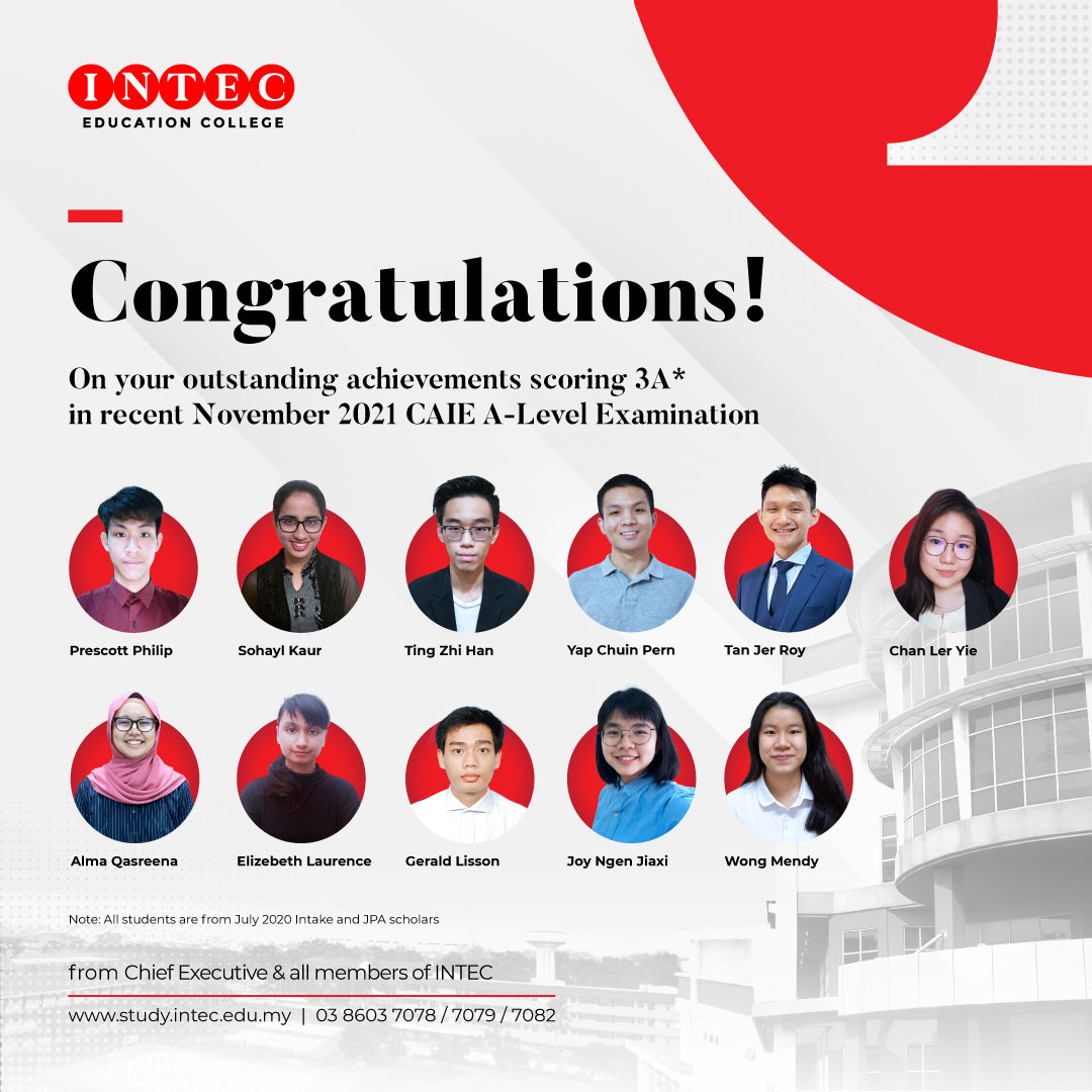 3A* in November 2021 CAIE A-Level Exam – INTEC Education College